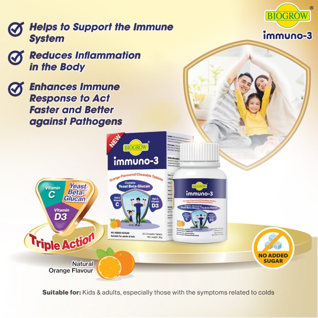 IMMUNO-3 - Yeast Beta Glucan + Vit C + Vit D3 - Biogrow Malaysia